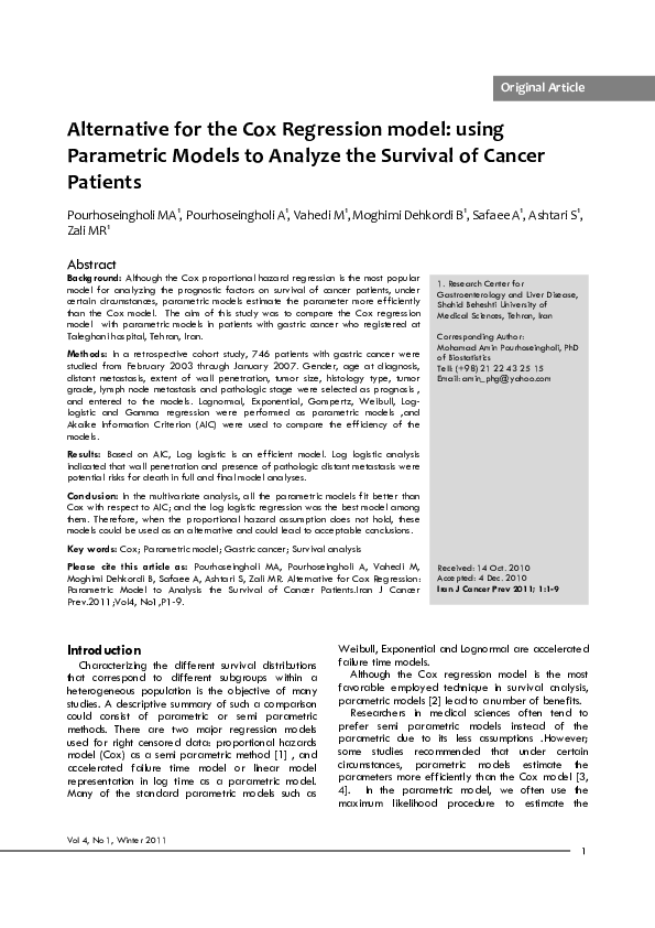 (PDF) Alternative for the Cox Regression model: using Parametric Models ...