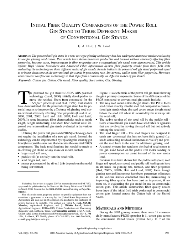 (PDF) Initial Fiber Quality Comparisons of the Power Roll Gin Stand to ...