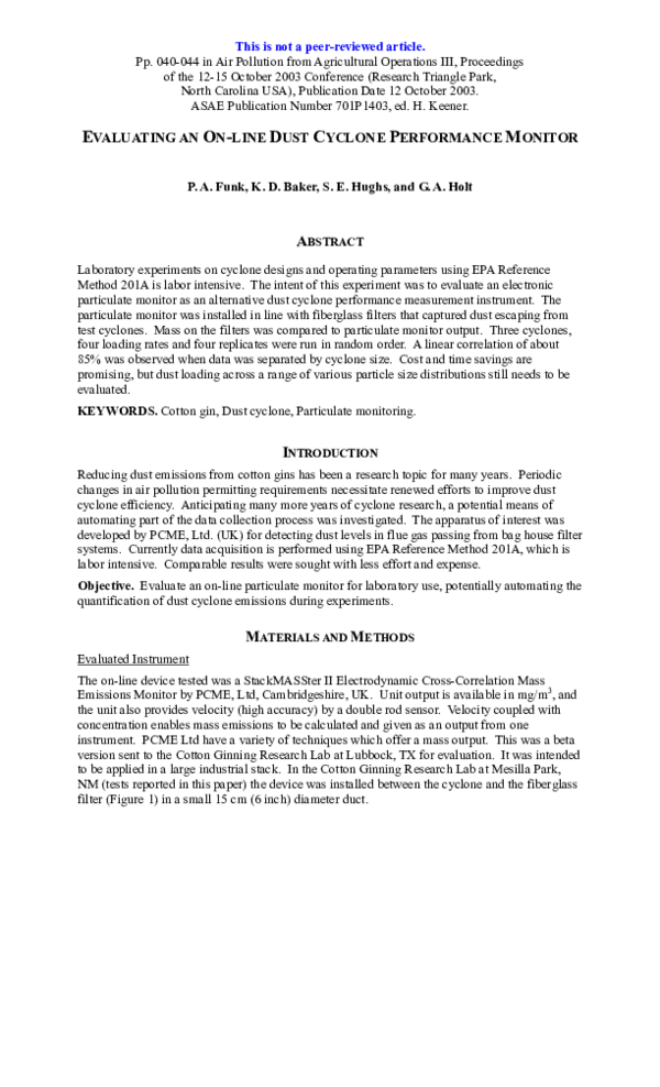 (PDF) Evaluating an on-line dust cyclone performance monitor