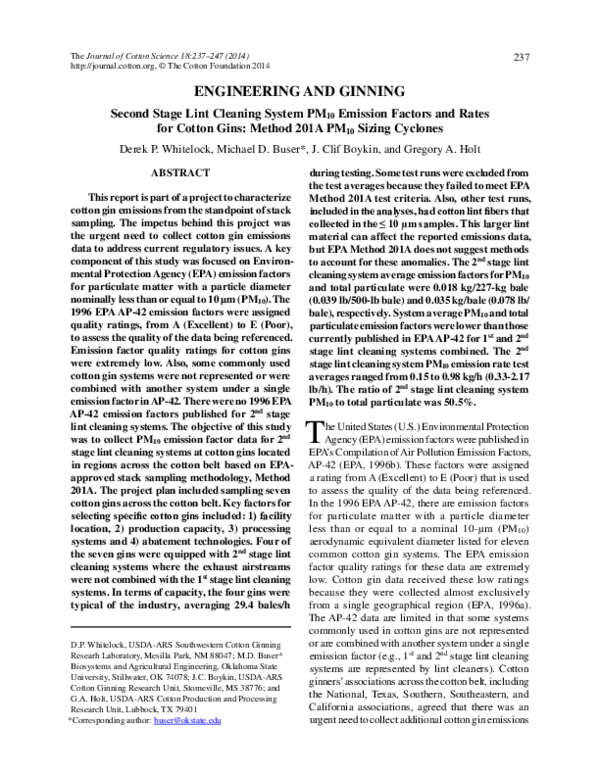 (PDF) Second stage lint cleaning system PM10 emission factors and rates ...