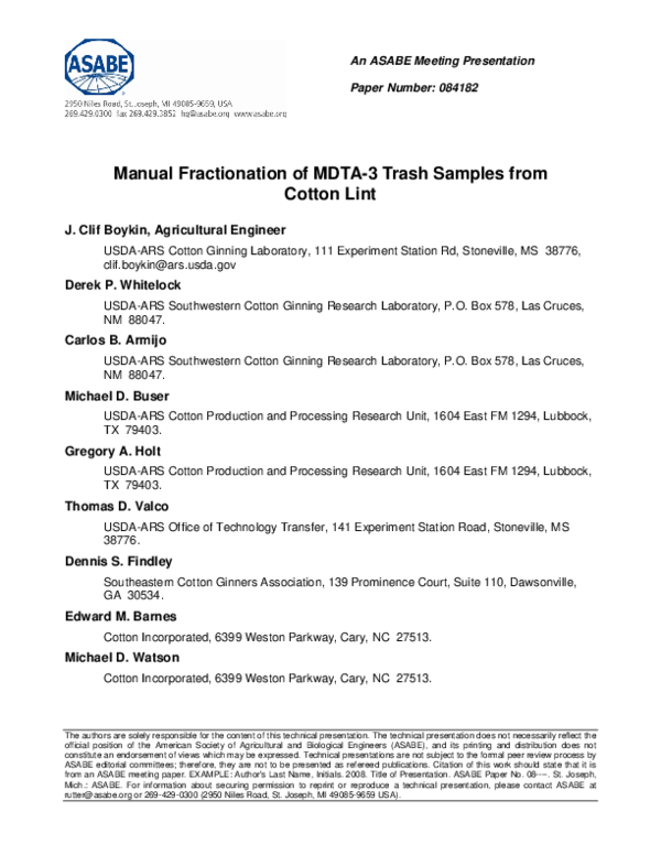 (PDF) Manual Fractionation of MDTA-3 Trash Samples from Cotton Lint