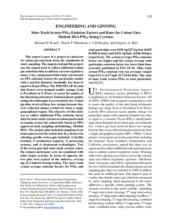(PDF) First stage lint cleaning system PM10 emission factors and rates ...