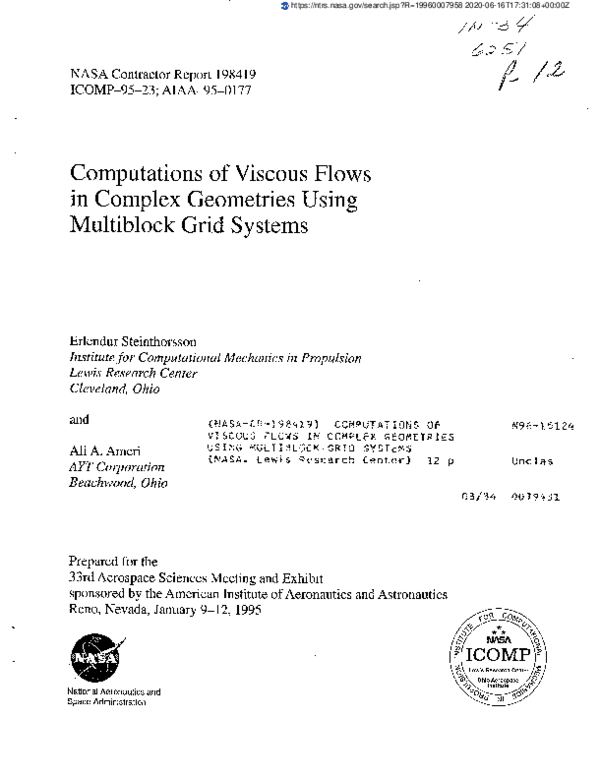 Pdf Computations Of Viscous Flows In Complex Geometries Using Multiblock Grid Systems
