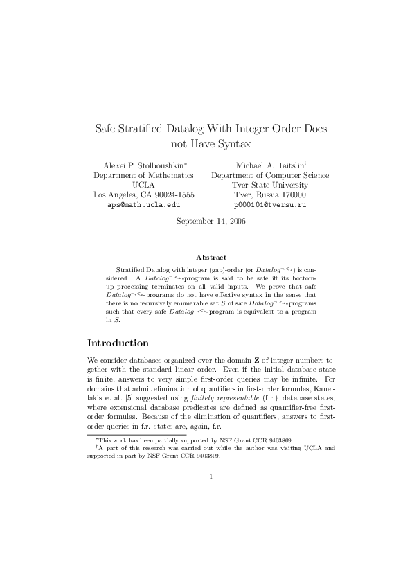 (PDF) Safe Stratifled Datalog With Integer Order Does not Have Syntax