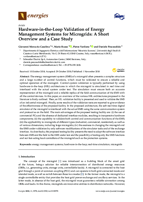 Pdf Hardware In The Loop Validation Of Energy Management Systems For Microgrids A Short