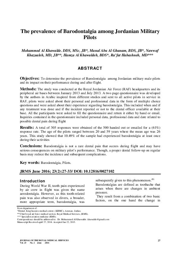(PDF) The Prevalence of Barodontalgia among Jordanian Military Pilots