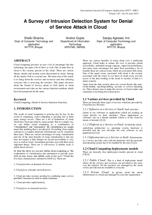 (PDF) A Survey of Intrusion Detection System for Denial of Service Attack in Cloud