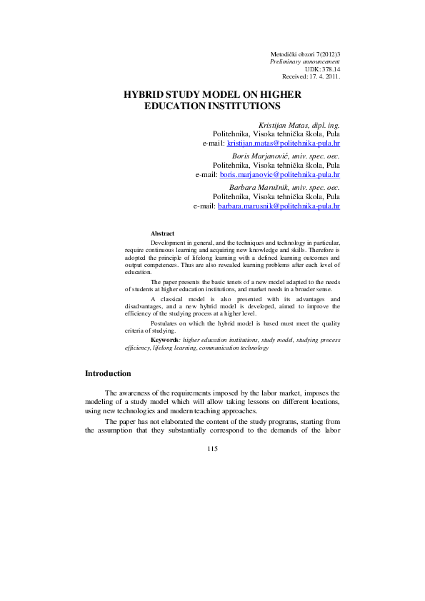 (PDF) Hybrid Study Model on Higher Education Institutions