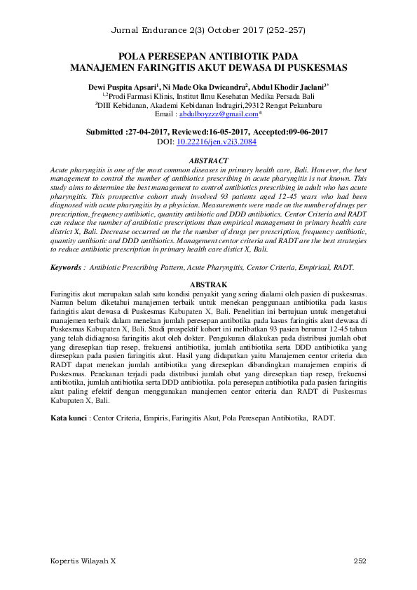 (PDF) Pola Peresepan Antibiotik Pada Manajemen Faringitis Akut Dewasa ...