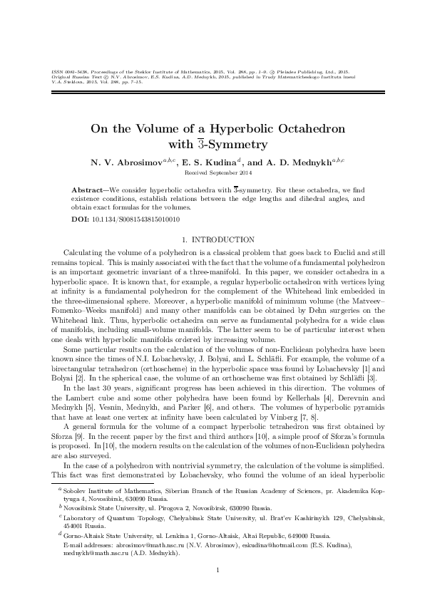(PDF) Volume of Hyperbolic Octahedra with 3-Symmetry