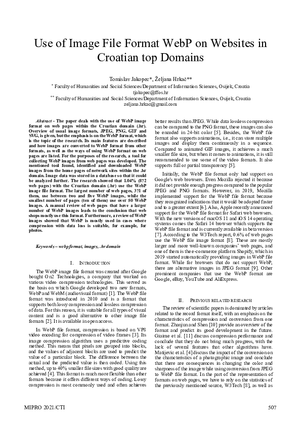 (PDF) Use of Image File Format WebP on Websites in Croatian top Domains