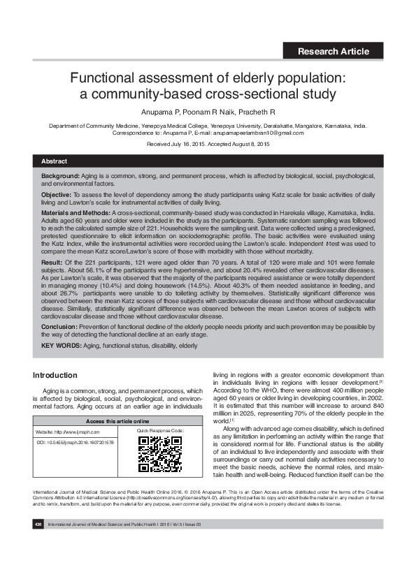 (PDF) Functional assessment of elderly population: a community-based ...