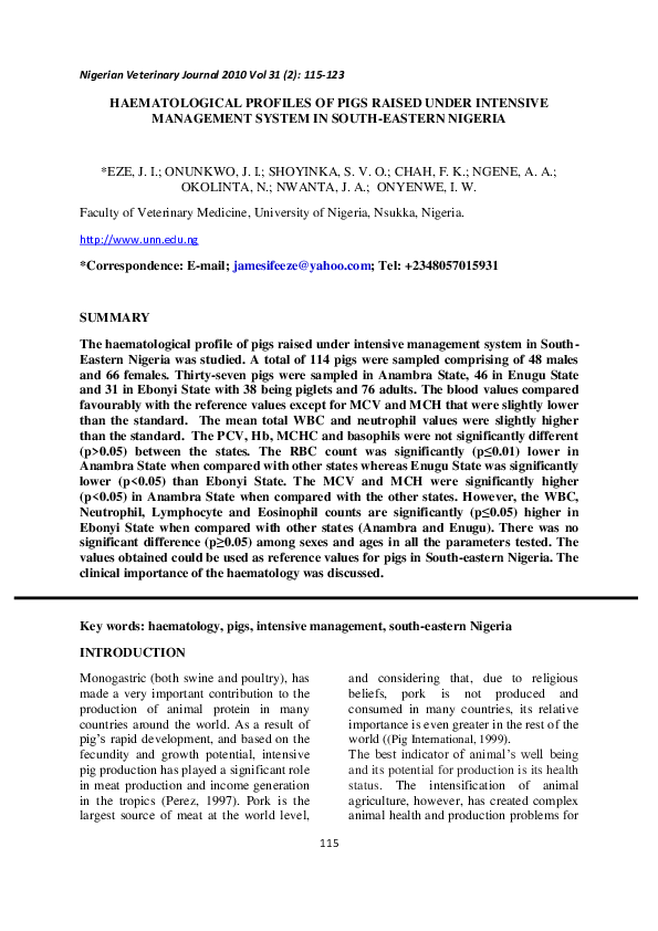 (PDF) Haematological profiles of pigs raised under intensive management ...