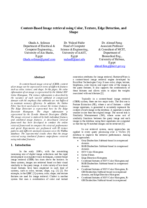 Pdf Content Based Image Retrieval Using Color Texture Edge Detection And Shape A