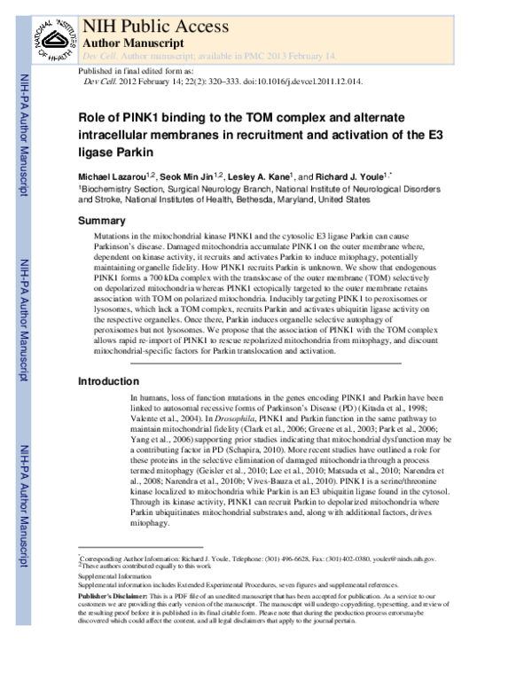 (PDF) Role of PINK1 Binding to the TOM Complex and Alternate ...