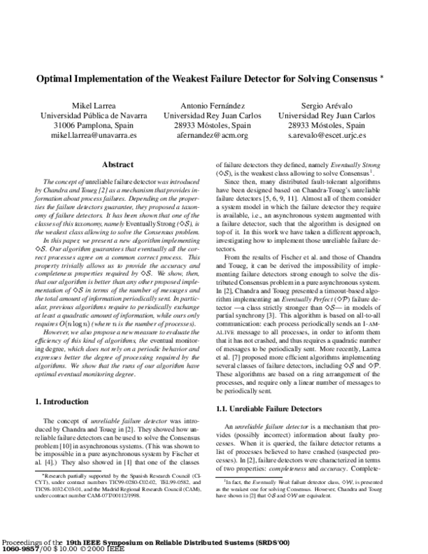 (PDF) Optimal implementation of the weakest failure detector for solving consensus