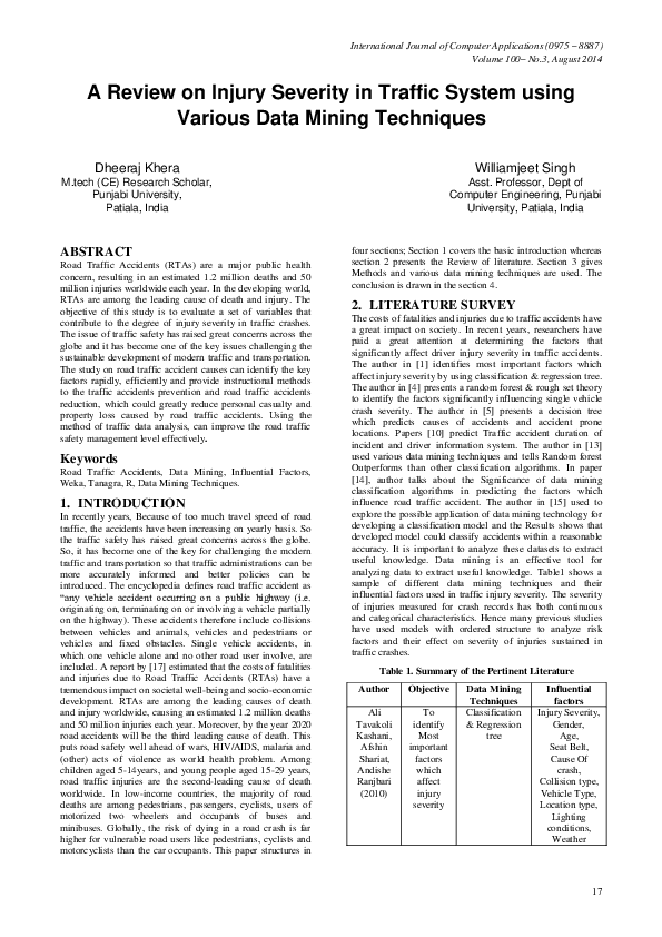 (PDF) A Review on Injury Severity in Traffic System using Various Data Mining Techniques