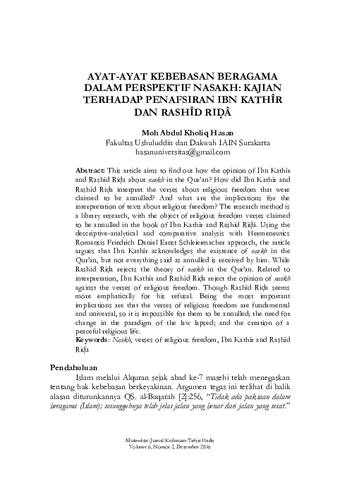 (PDF) Ayat-Ayat Kebebasan Beragama Dalam Perspektif Nasakh: Kajian ...