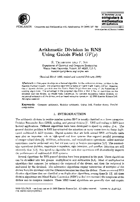 (PDF) Arithmetic division in RNS using Galois Field GF(p)