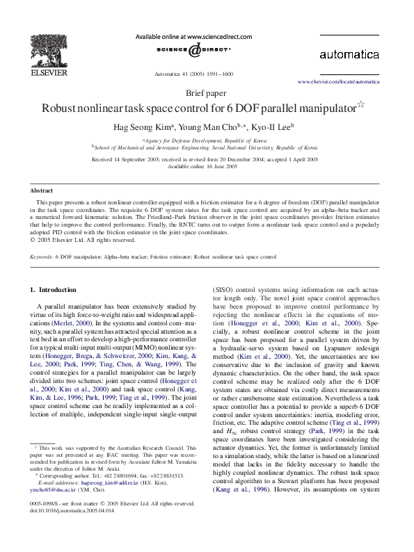 (PDF) Robust nonlinear task space control for 6 DOF parallel manipulator