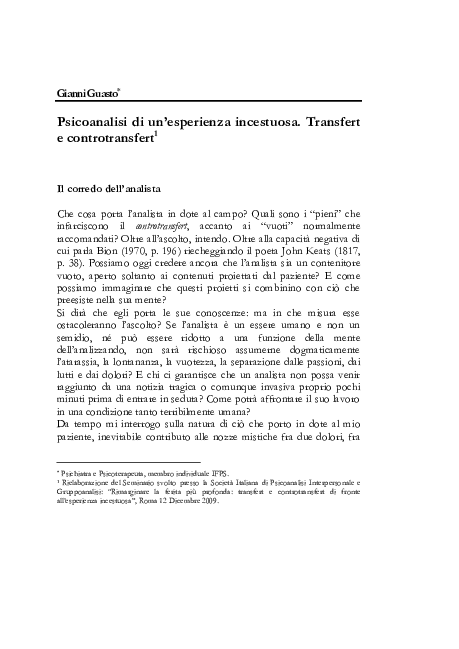 (PDF) Psicoanalisi di un'esperienza incestuosa. Transfert e controtransfert
