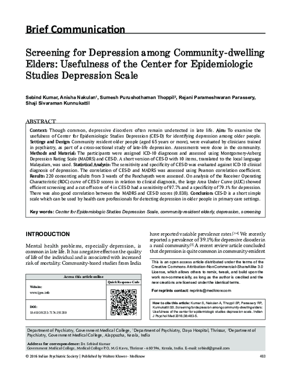 (PDF) Screening for Depression among Community-dwelling Elders ...
