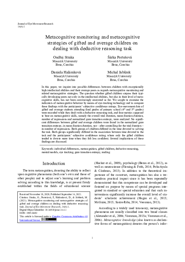 (PDF) Metacognitive monitoring and metacognitive strategies of gifted and average children on ...