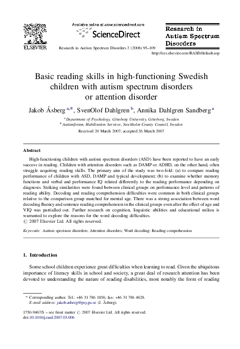 (PDF) Basic reading skills in high-functioning Swedish children with autism spectrum disorders ...