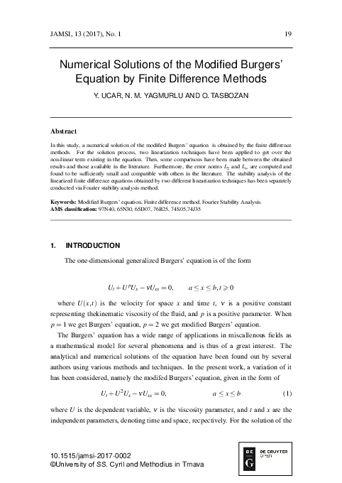 (PDF) Numerical Solutions of the Modified Burgers’ Equation by Finite Difference Methods