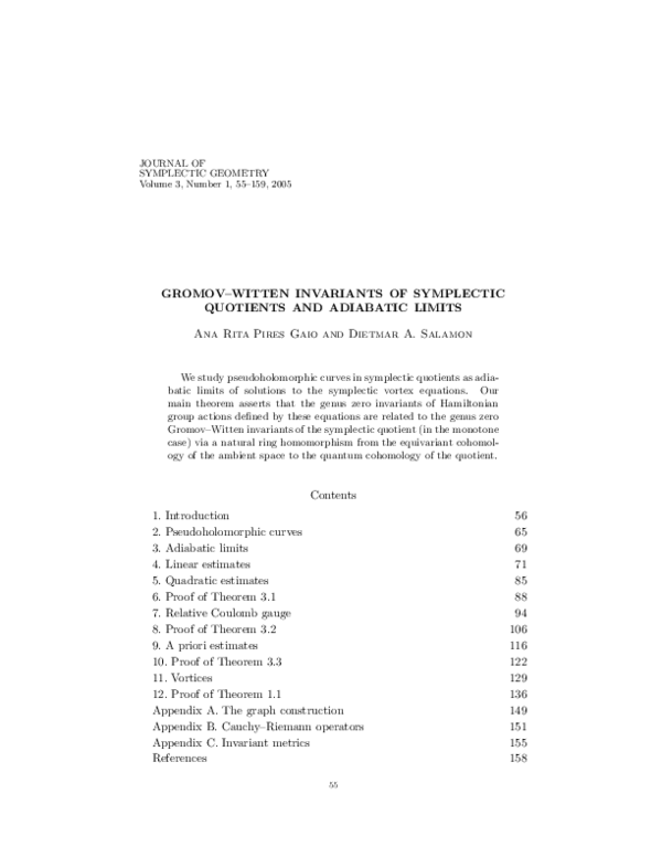 (PDF) Gromov-Witten invariants of symplectic quotients and adiabatic limits