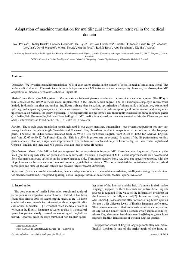 (PDF) Adaptation of machine translation for multilingual information retrieval in the medical domain
