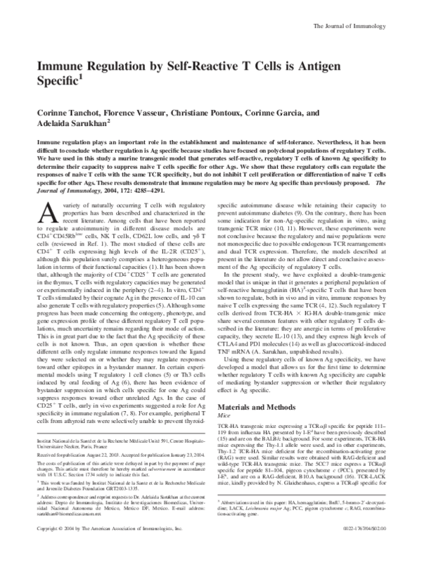 (PDF) Immune regulation by self-reactive T cells is antigen specific