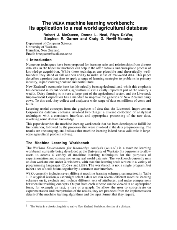 (PDF) The WEKA machine learning workbench: its application to a real world agricultural database