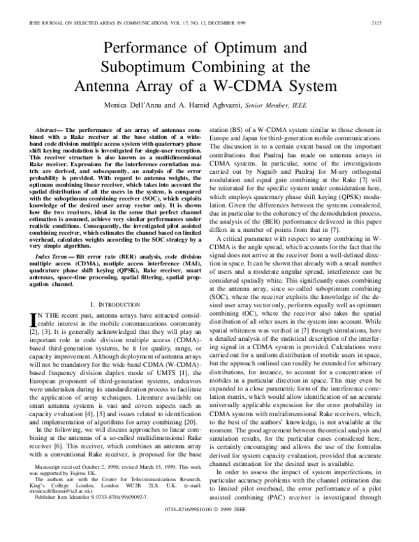 (PDF) Performance of optimum and suboptimum combining at the antenna array of a W-CDMA system