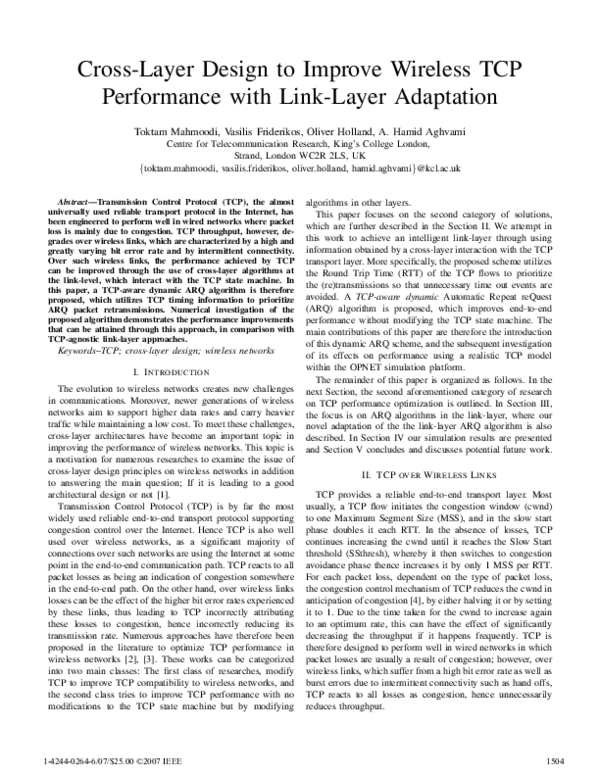 Pdf Cross Layer Design To Improve Wireless Tcp Performance With Link Layer Adaptation