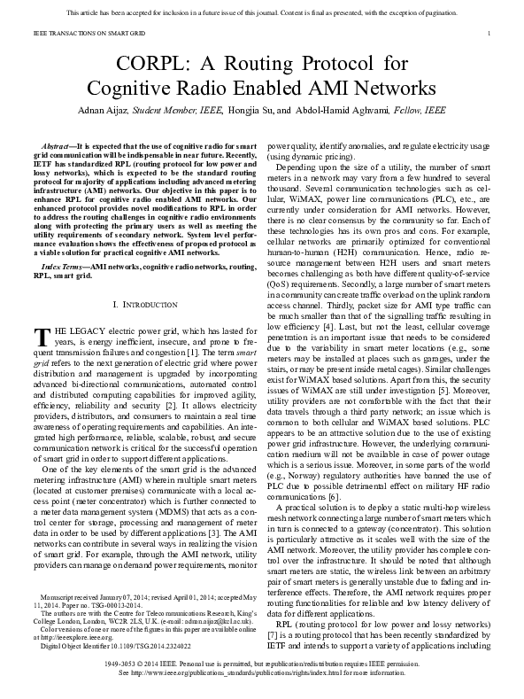 Pdf Corpl A Routing Protocol For Cognitive Radio Enabled Ami Networks