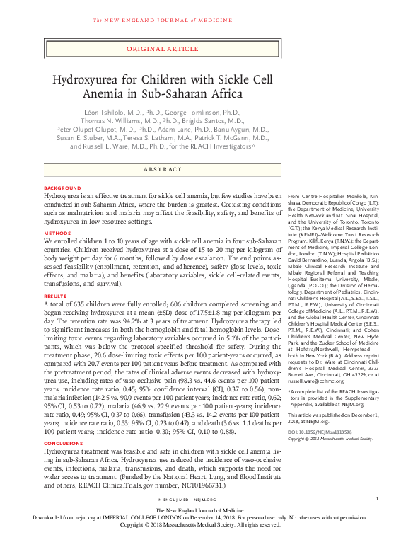 (PDF) Hydroxyurea for Children with Sickle Cell Anemia in Sub-Saharan ...