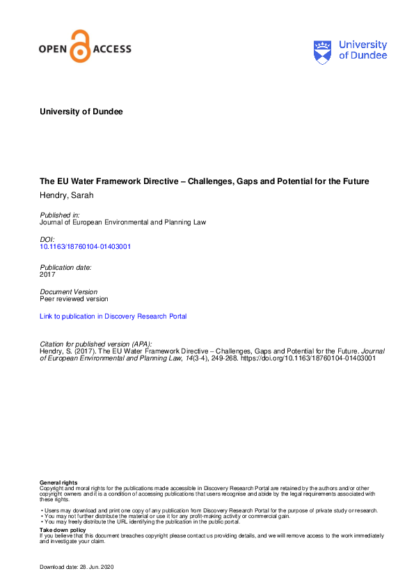 (PDF) The eu Water Framework Directive – Challenges, Gaps and Potential ...