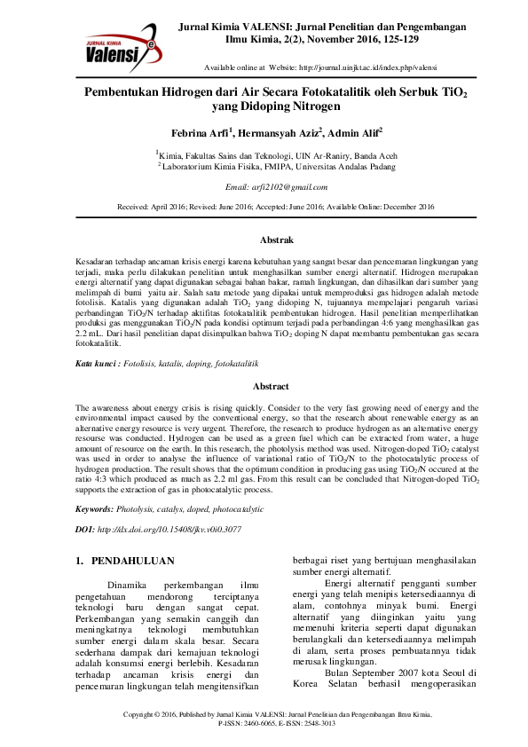 (PDF) Pembentukan Hidrogen dari Air Secara Fotokatalitik oleh Serbuk ...