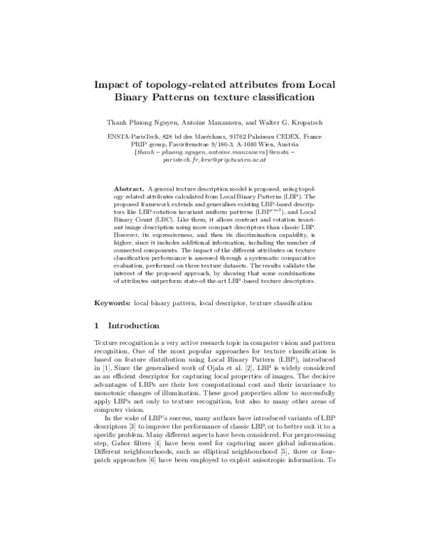 Pdf Impact Of Topology Related Attributes From Local Binary Patterns On Texture Classification