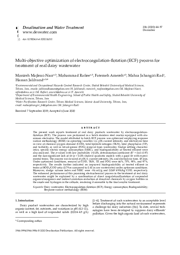 (PDF) Multi-objective optimization of electrocoagulation-flotation (ECF) process for treatment ...