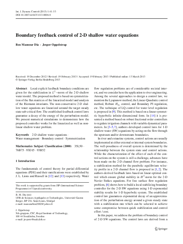 (PDF) Boundary feedback control of 2-D shallow water equations