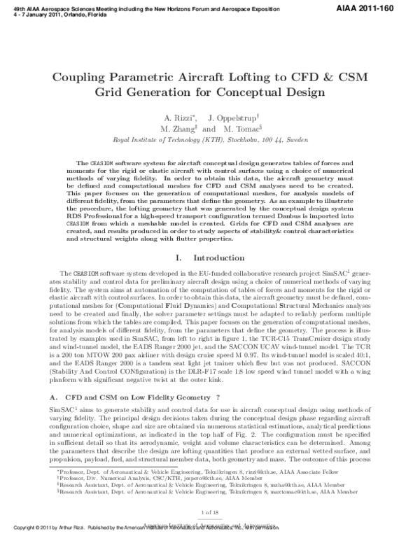 (PDF) Coupling Parametric Aircraft Lofting to CFD & CSM Grid Generation ...