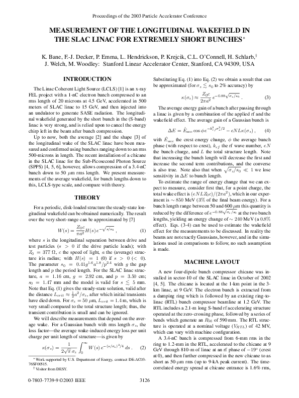 (PDF) Measurement of the longitudinal wakefield in the SLAC Linac for extremely short bunches