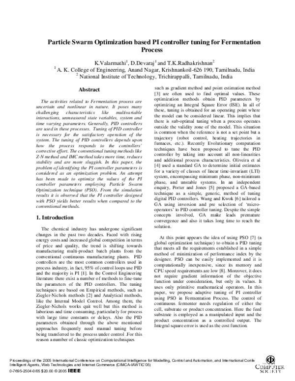 Pdf Particle Swarm Optimization Based Pi Controller Tuning For Fermentation Process Mohamed 