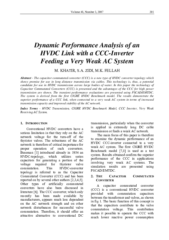 Pdf Dynamic Performance Analysis Of An Hvdc Link With A Ccc Inverter Feeding A Very Weak Ac System