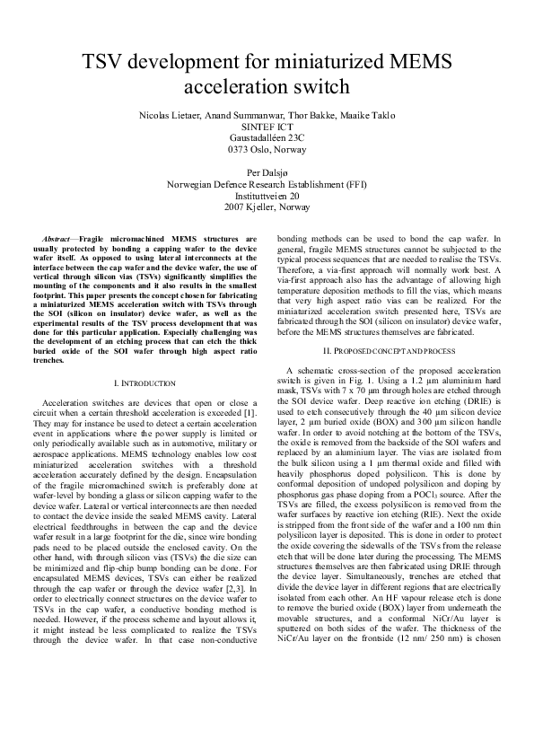 (PDF) TSV development for miniaturized MEMS acceleration switch