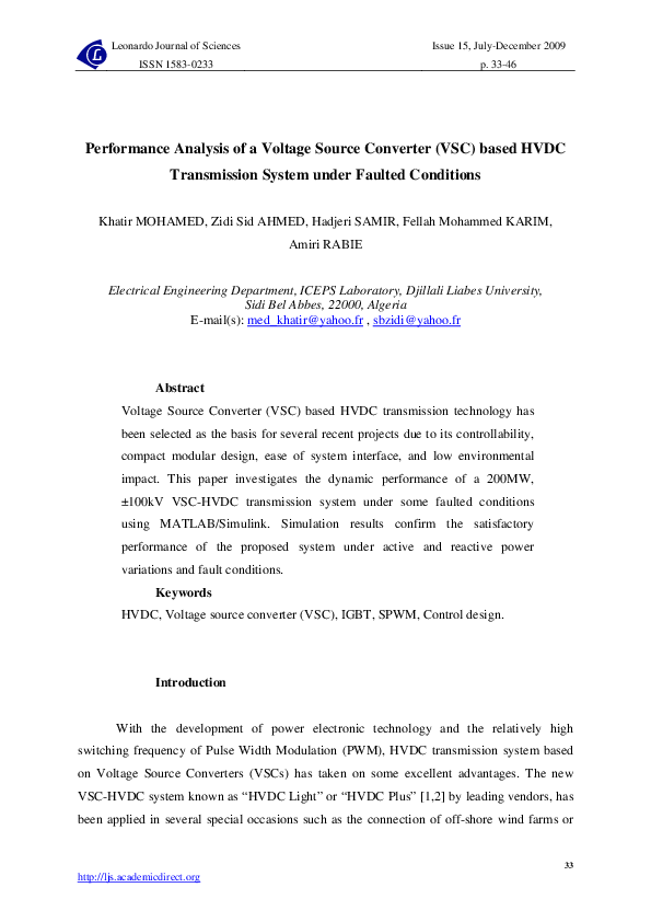 (PDF) Performance Analysis of a Voltage Source Converter (VSC) based HVDC Transmission System ...