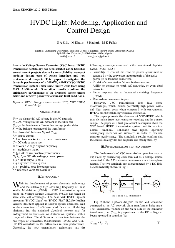 Pdf Hvdc Light Modeling Application And Control Design