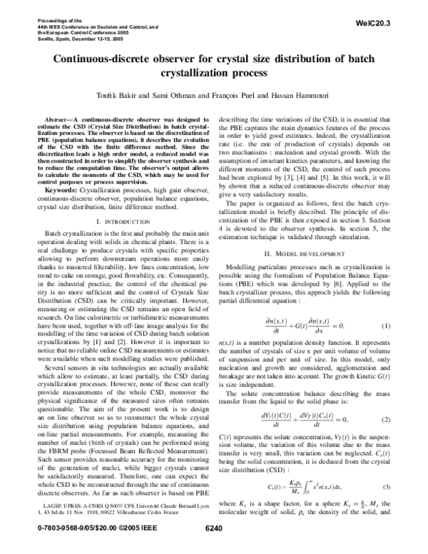 (PDF) Continuous-discrete observer for crystal size distribution of batch crystallization process